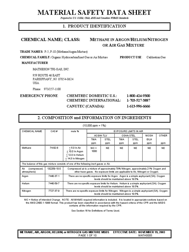 Methane Gas Mixture Safety Data Sheet | PDF