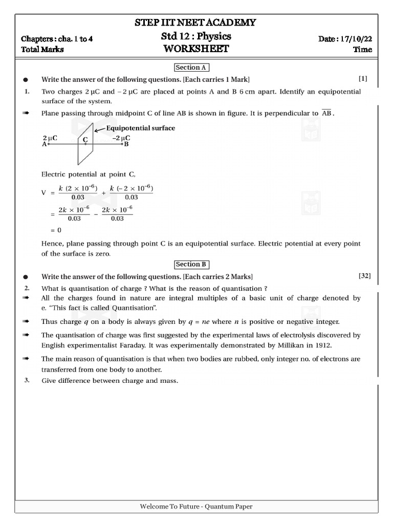 ANSWERKEY 12TH PHYSICS (1 TO 4) - D17-Oct-2022 | PDF | Physics | Physical Sciences