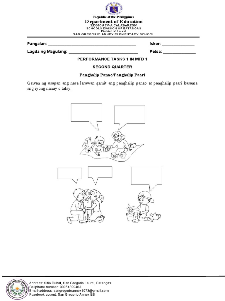 Performance Tasks from San Gregorio Annex Elementary School Assessing Second Quarter ...