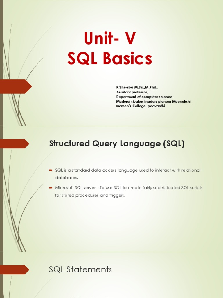 7bcee3a Unit V SQL Basics | PDF | Sql | Software Development