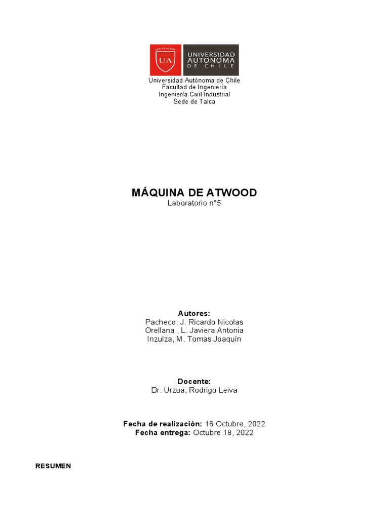 Lab N°5-Máquina de Atwood | PDF | Fuerza | Las leyes del movimiento de ...