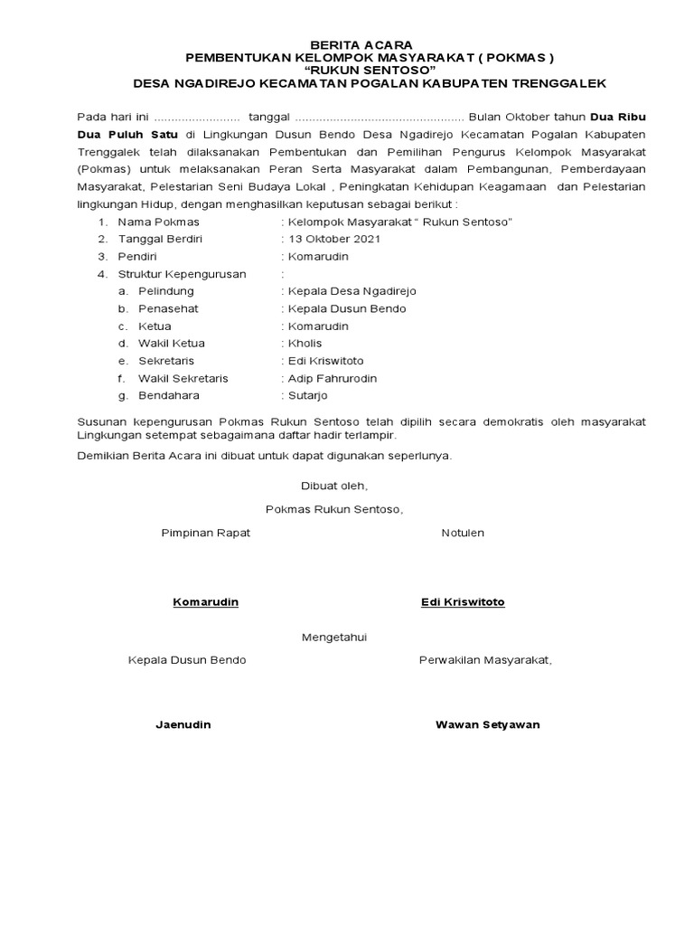 Berita Acara Pembentukan Pokmas WILING PERMAI | PDF