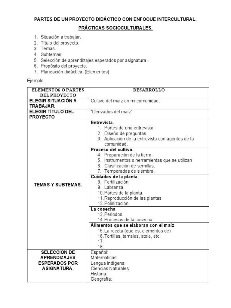 Partes de Un Proyecto Didáctico Con Enfoque Intercultural | PDF | Maíz