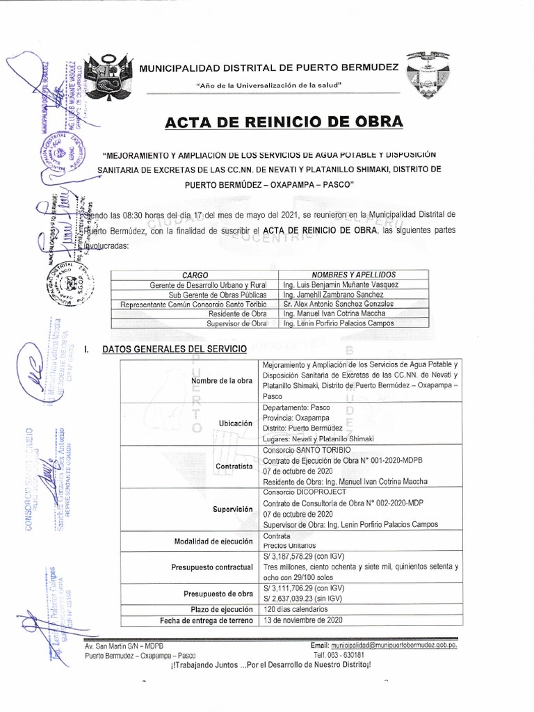 Acta de Reinicio de Obra | PDF
