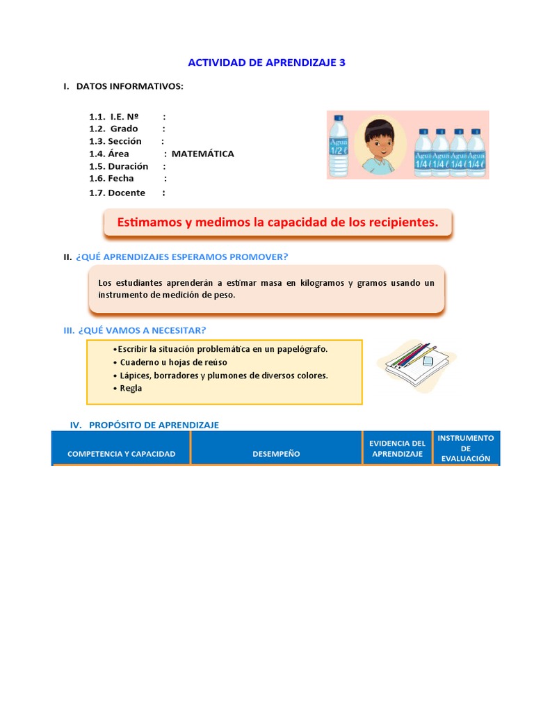 D3 A2 SESION Estimamos y Medimos La Capacidad de Los Recipientes. | PDF ...