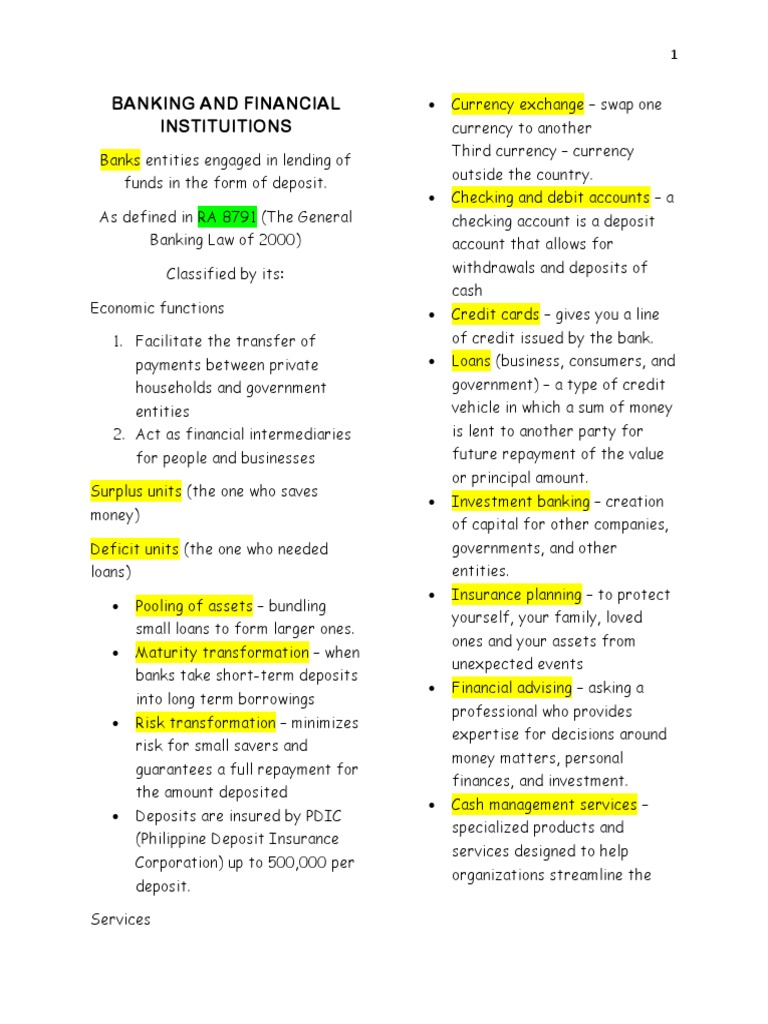 Study BANKING AND FINANCIAL INSTITUITIONS CHAPTER NOTES | PDF | Loans ...