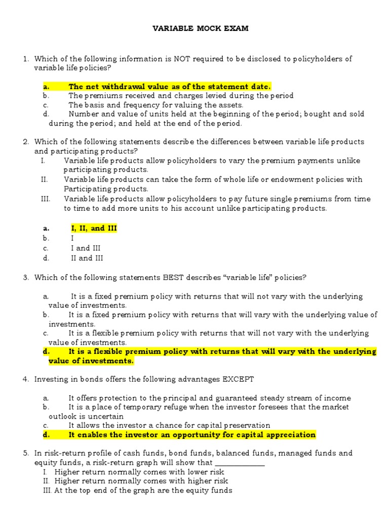 Variable Life Insurance Mock Exam | PDF | Insurance | Life Insurance