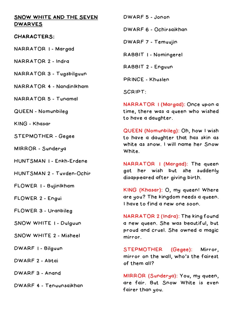 Snow White Play Script for Students | PDF | Snow White | Dwarf ...