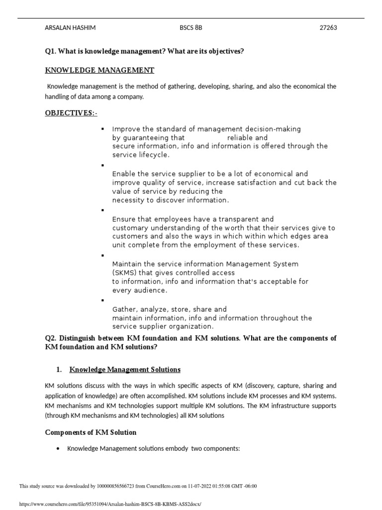 Analysis of a Student Response Document Discussing Key Aspects of Knowledge Management | PDF ...