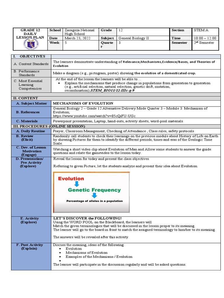 DLP Q3 Demo - Gen Bio2 Mechanisms of Evolution | PDF | Rubric (Academic ...