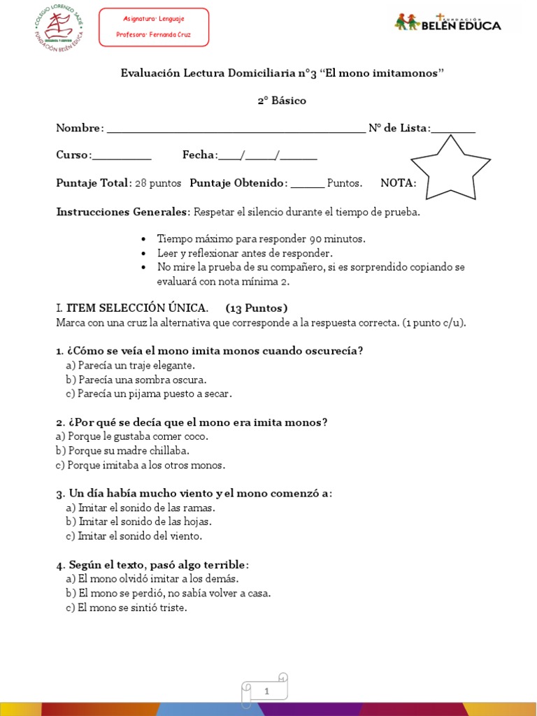 2°básico Evaluación Lectura Domiciliaria El Mono Imitamonos. | PDF