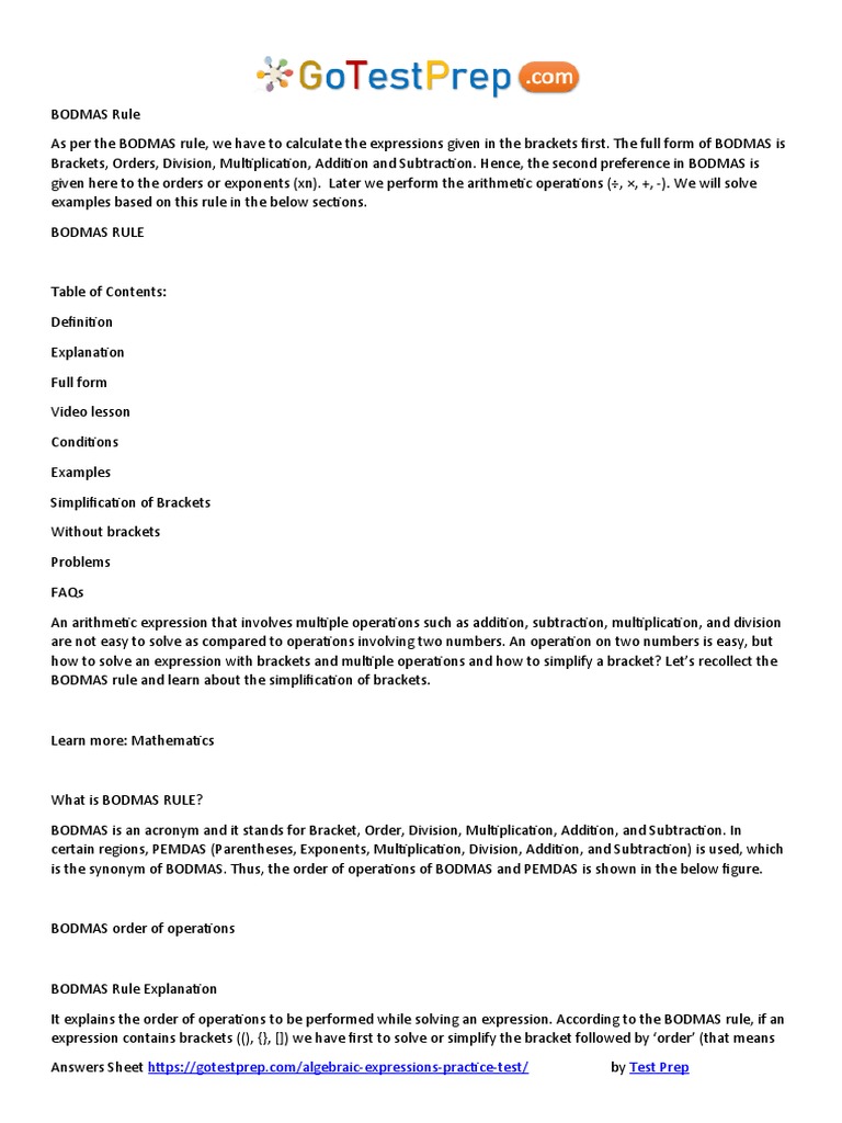 BODMAS RuleAs Per The BODMAS Rule, We Have To Calculate The Expressions ...