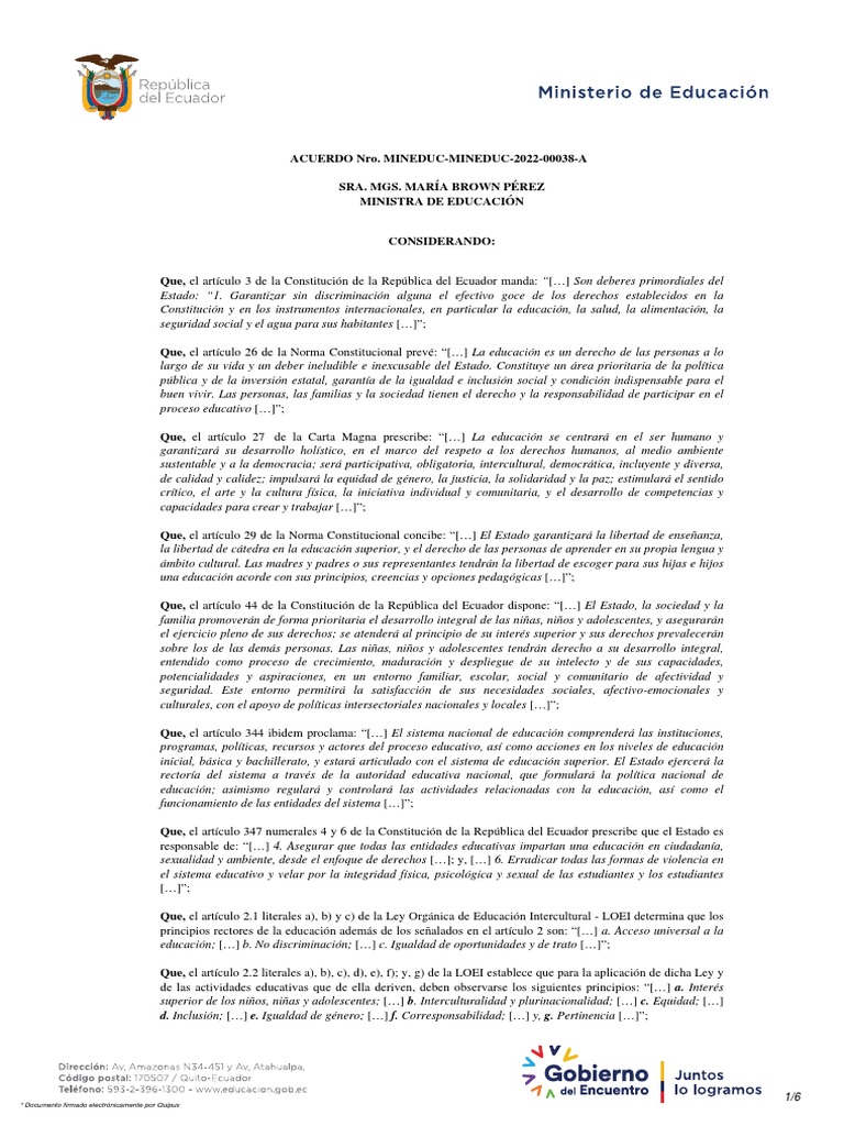 Acuerdo MINEDUC-2022-00038-A garantiza derechos educativos | PDF | Plan de estudios | Institución