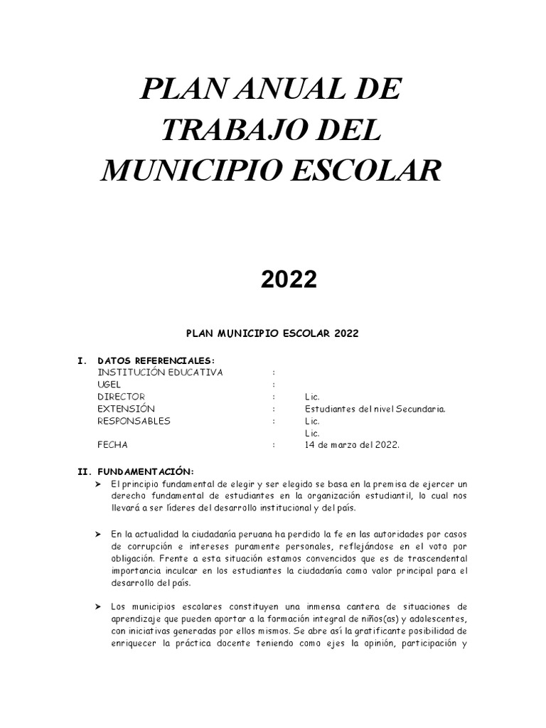 Plan Anual Municipio Escolar 2022 | PDF | Educación primaria | Democracia
