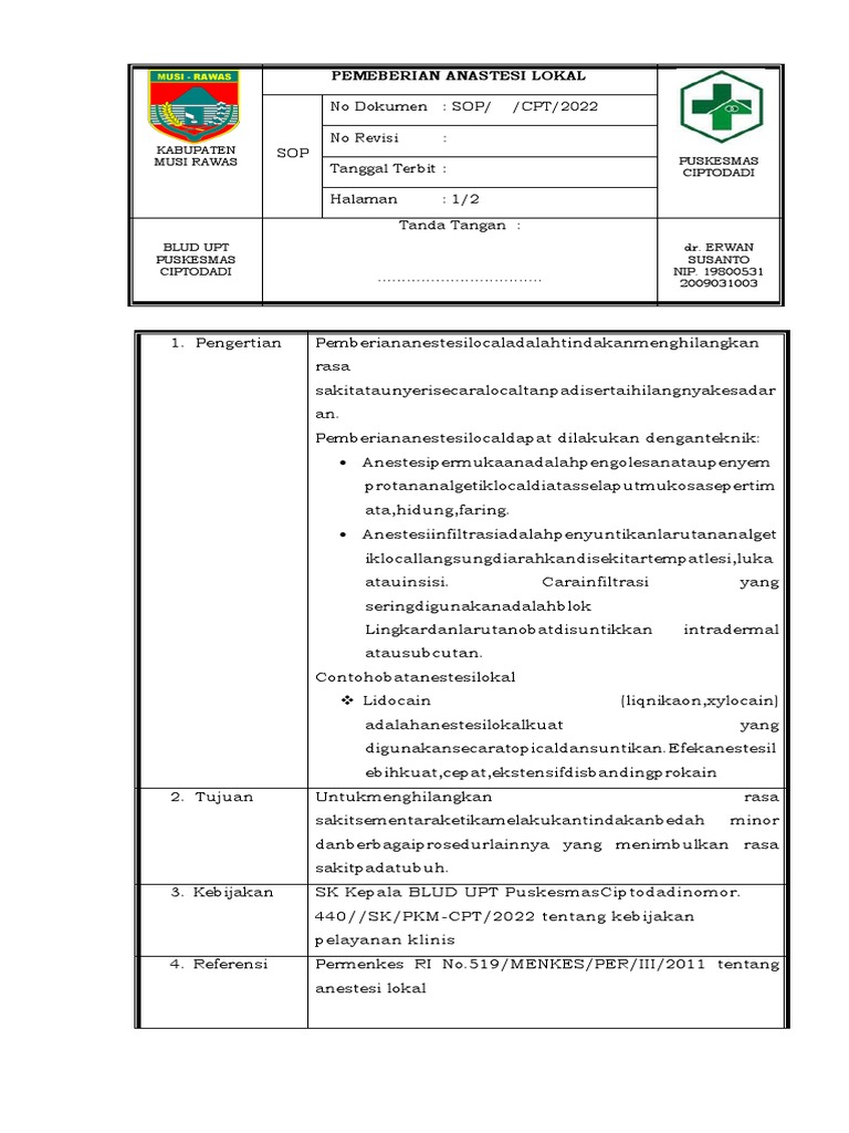 SOP Pemberian Anestesi Lokal Puskesmas | PDF