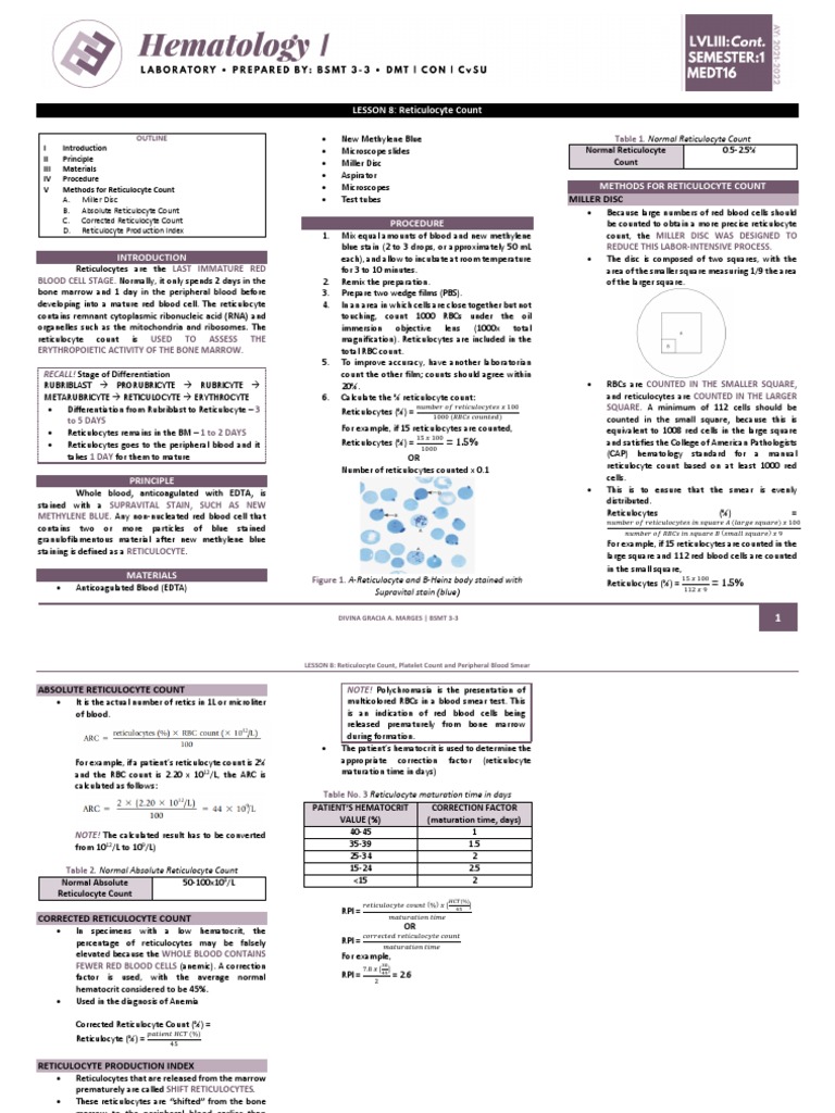 C2 HEMA Lab L8 Reticulocyte Count Platelet Count and PBS 2 | Download Free PDF | Staining | Anatomy