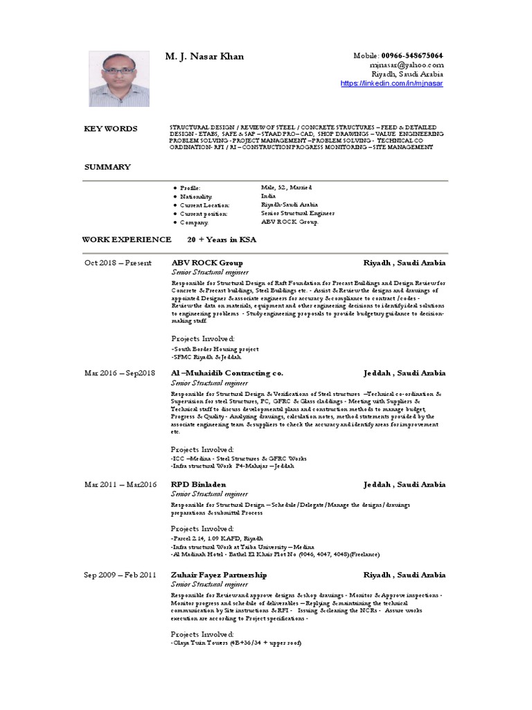 1) Eng - Khan StructuralEngineer - CVwithPic | Download Free PDF | Saudi Arabia | Riyadh