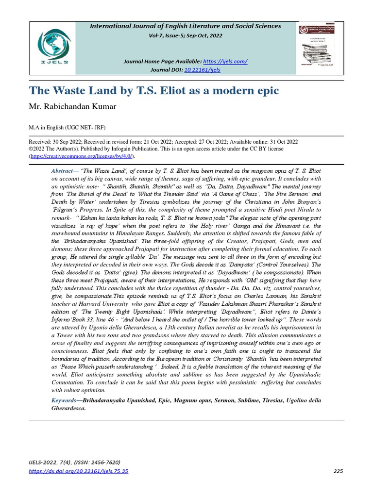 The Waste Land by T.S. Eliot As A Modern Epic | PDF | Epic Poetry | T ...