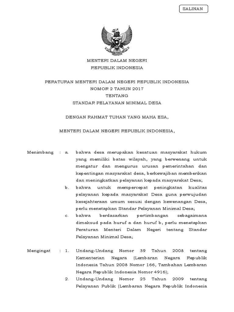 Permendagri - No. 2 - TH - 2017 - SPM Desa | PDF