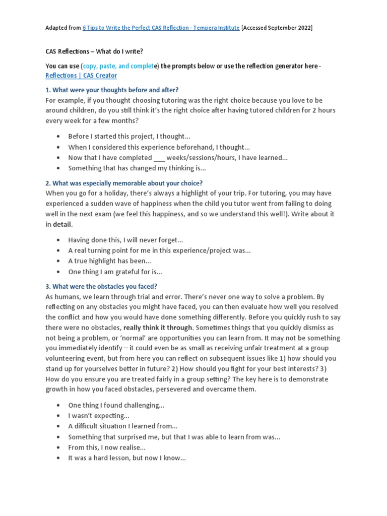 CAS Reflection Prompts | PDF | Thought | Experience