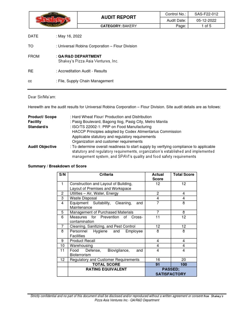 SAS-F22-012 URC - Flour Division Audit Results | PDF | Food Safety | Audit