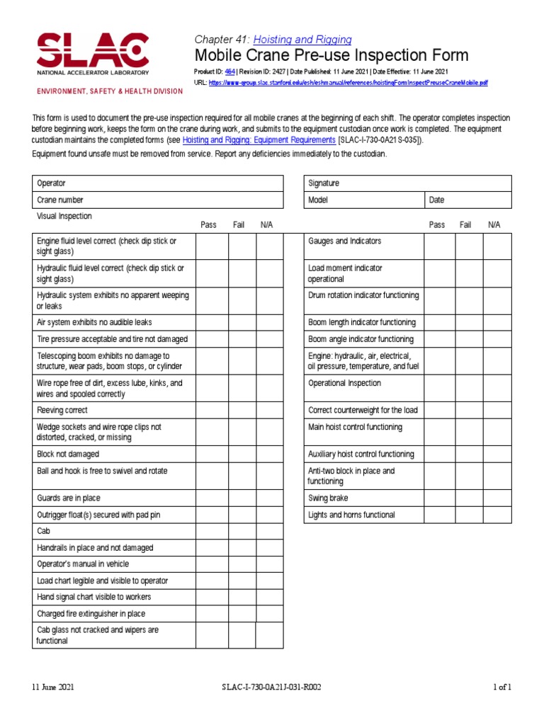 Mobile Crane Inspection Checklist Scaffold Inspection Report Form