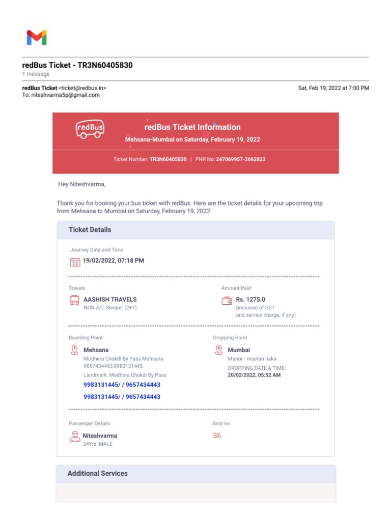 Gmail - Redbus Ticket - TR3N60405830 | PDF | Bus | Ticket (Admission)