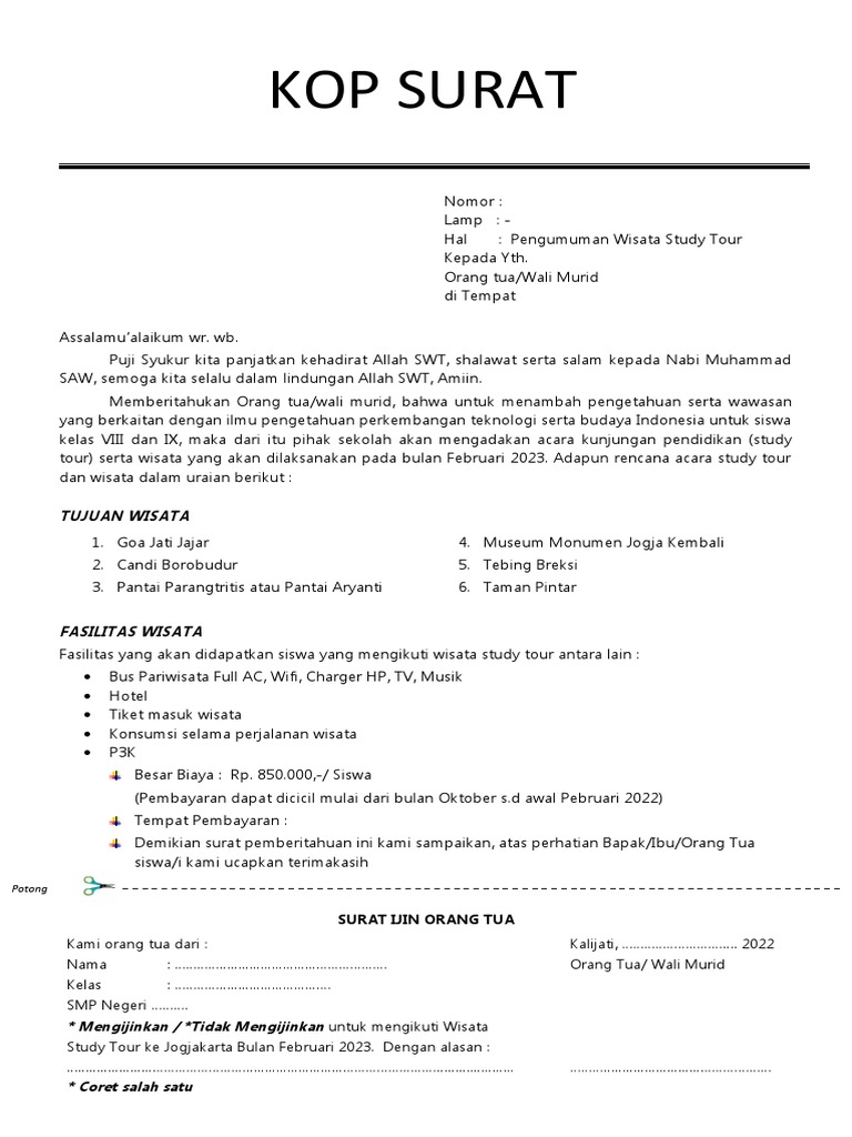 Contoh Surat Study Tour 2022 | PDF