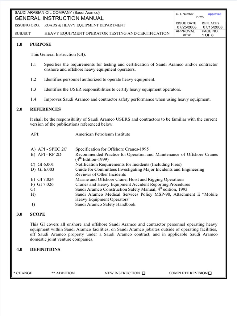 Aramco Heavy Equipment Operator GI 7.025 | PDF | Crane (Machine ...