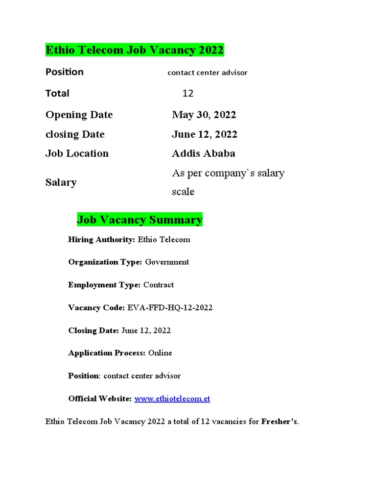 Ethio Telecom Contact Center Vacancy 2022 | PDF