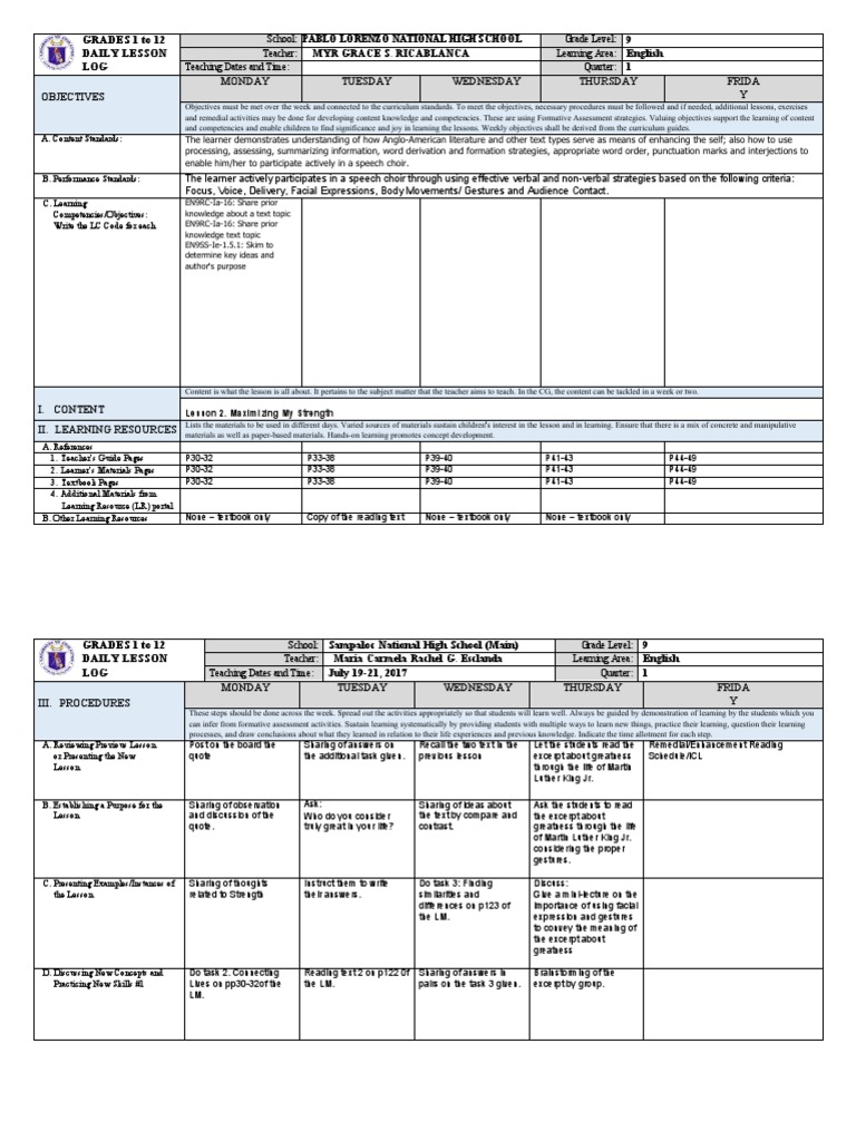 Grade 9 English Daily Lesson Plan | PDF | Learning | Teaching Method