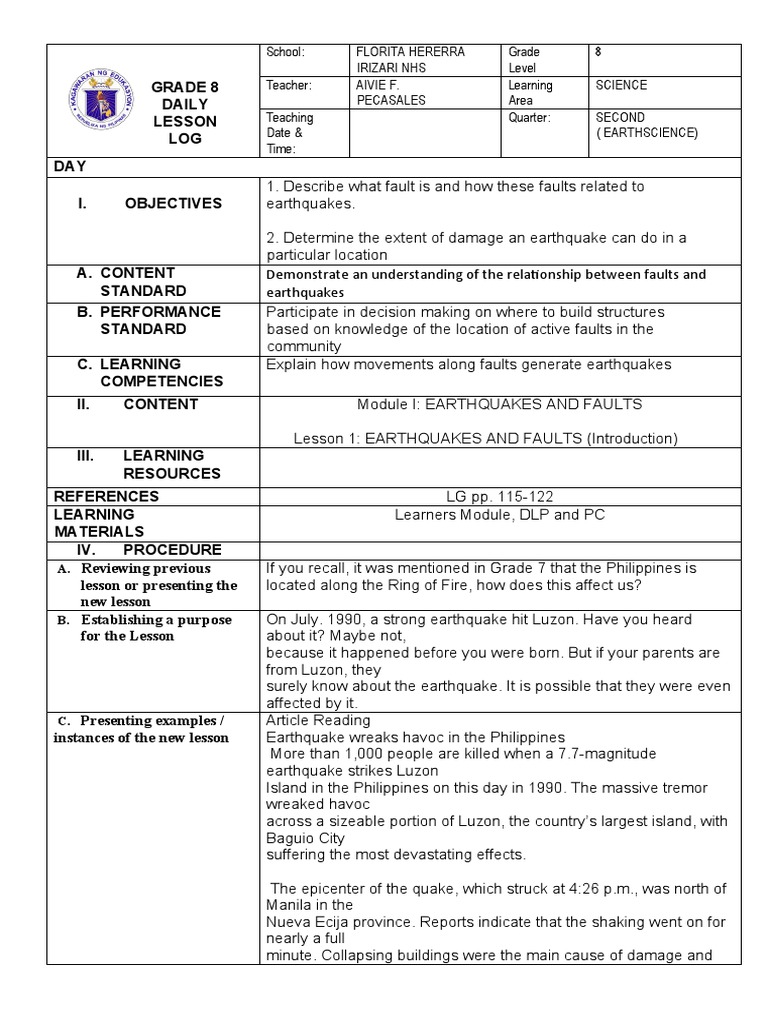 Grade 8 Daily Lesson Log Week 1 | PDF | Earthquakes | Learning