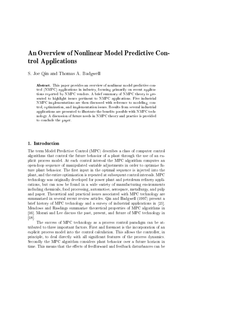 Paper Overview Nonlinear MPC Applications | PDF | Mathematical Optimization | Control Theory