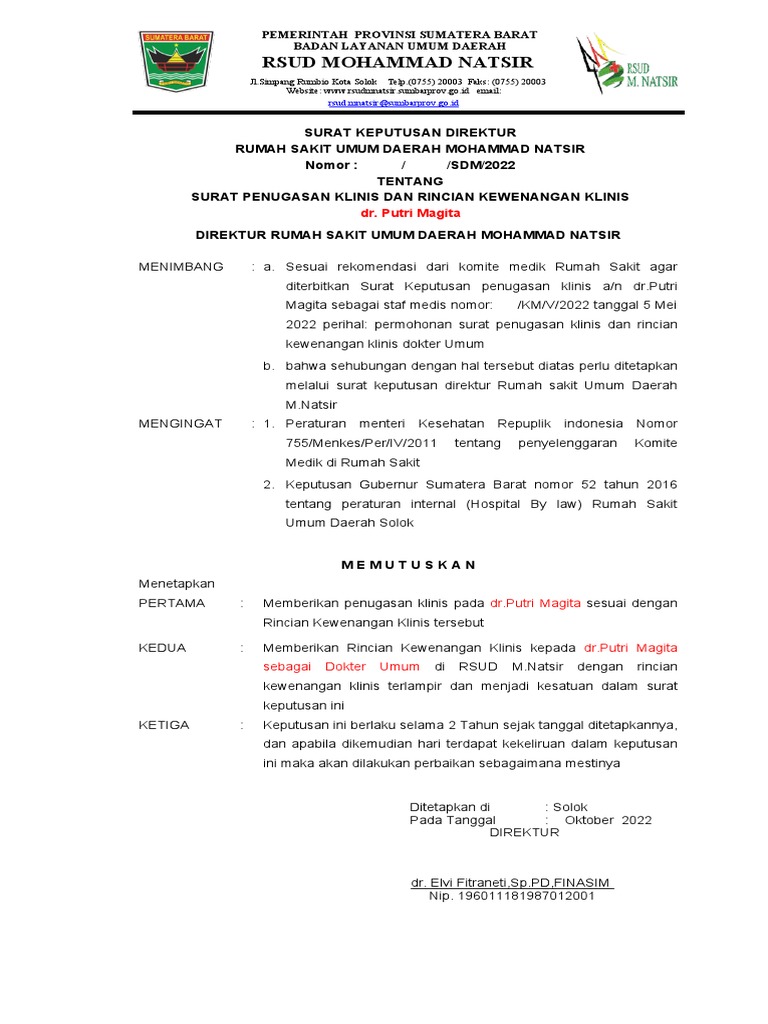 Surat Keputusan Penugasan dr. Putri Magita | PDF
