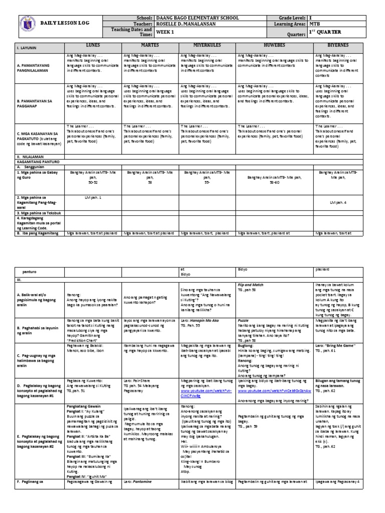 DLL - MTB 1 - Q1 - W1 | PDF | Science | Cognition