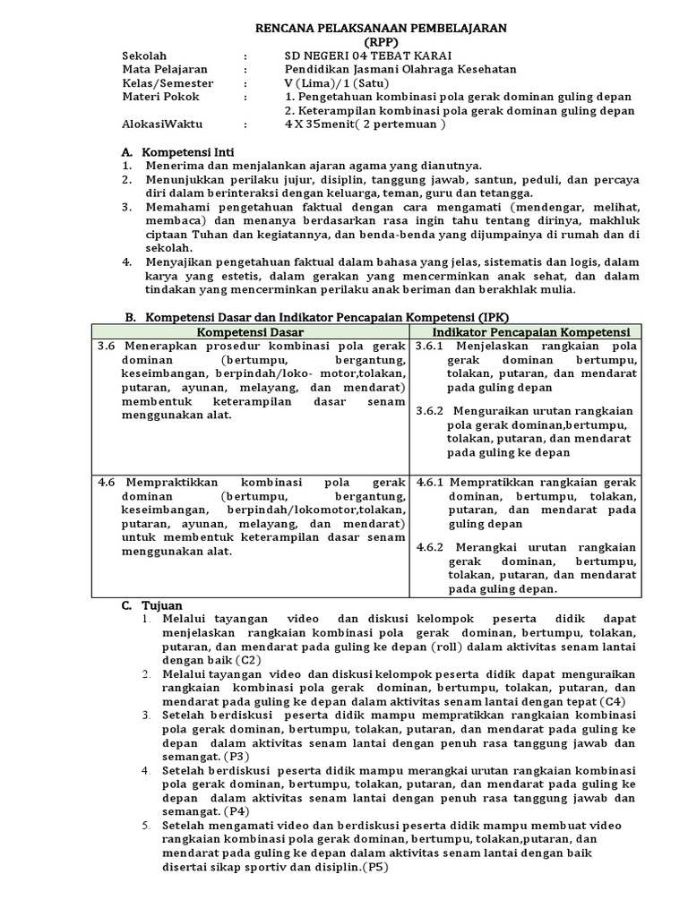 RPP, Bahan Ajar, Media, LKPD, Kisi, Dan Instrumen Penilaian-Guling Depan-Fathur Rahman-Pjk | PDF ...