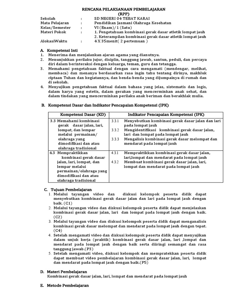 RPP, Bahan Ajar, Media, LKPD, Kisi, Dan Instrumen Penilaian-Lompat Jauh-Fathur Rahman-Pjk. | PDF