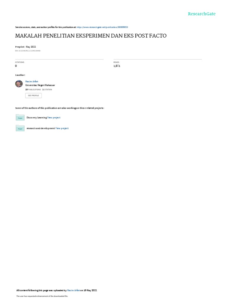 Makalah Penelitian Eksperimen Dan Eks Post Facto: Preprint | PDF