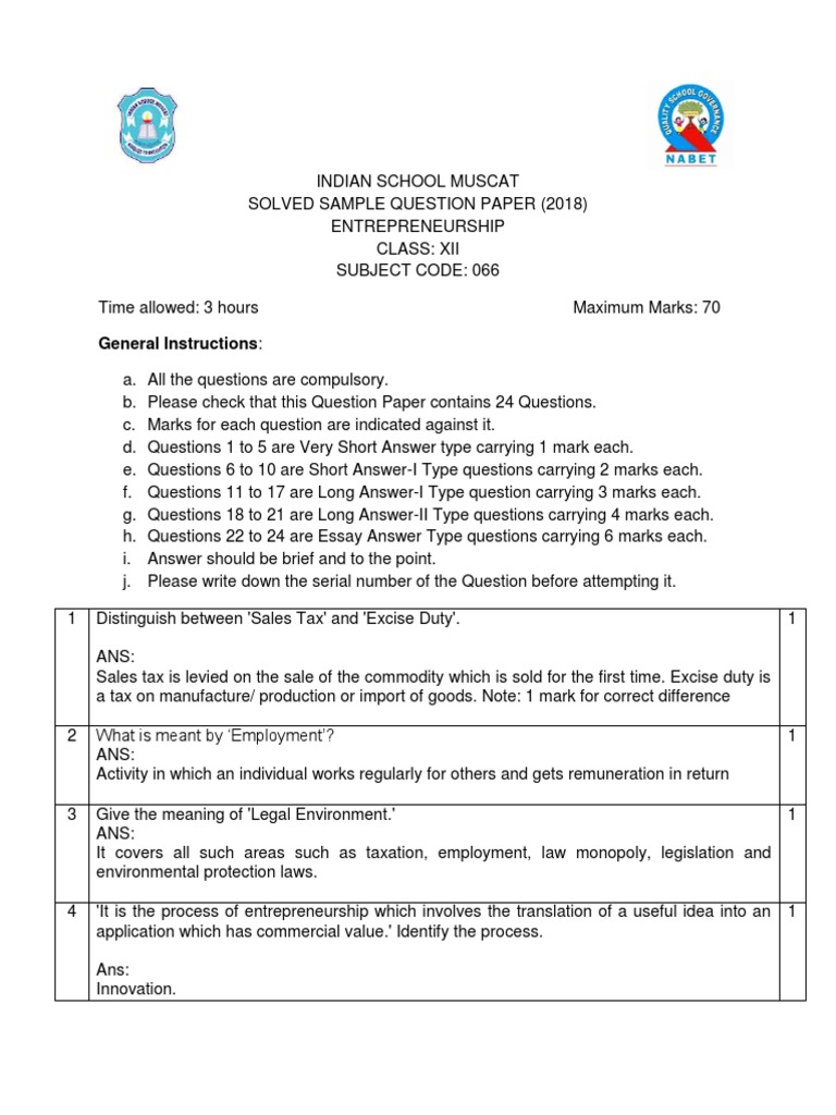 Class - Xii - Entrepreneurship - Sample Paper - Solved No.2 - 2018-19 ...