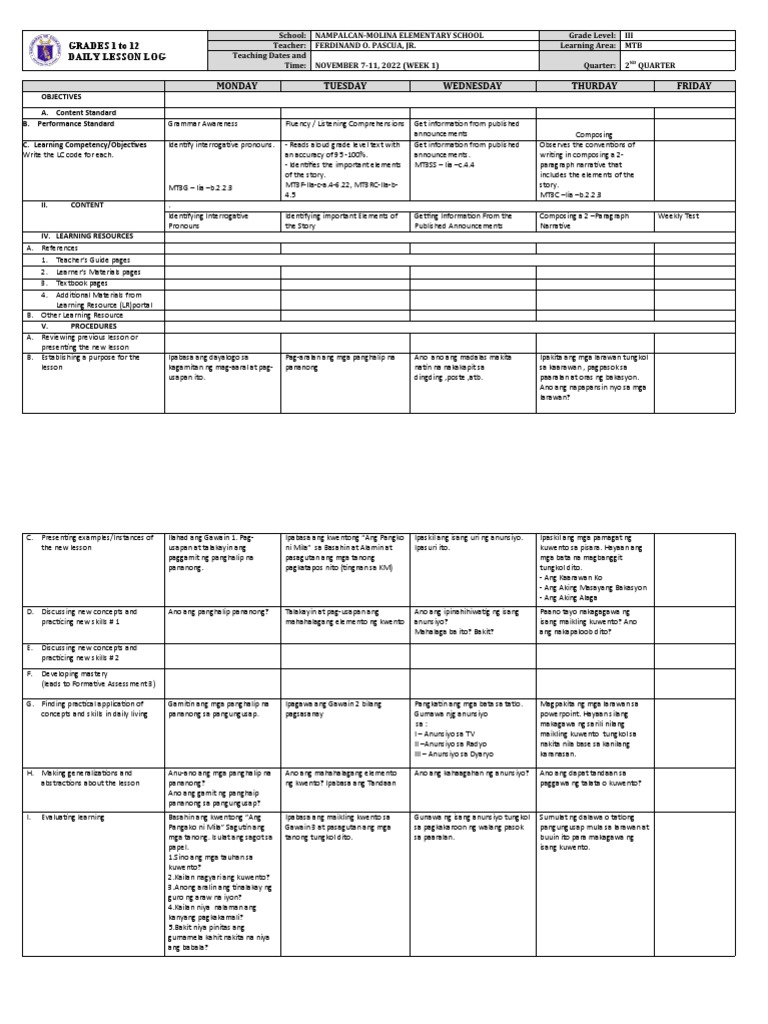 DLL - MTB 3 - Q2 - W1 | PDF