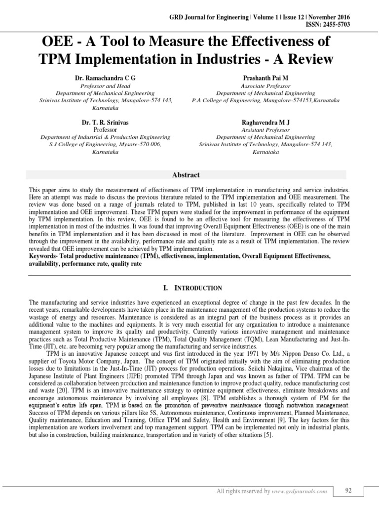 OEE - A Tool To Measure The Effectiveness of TPM Implementation in ...