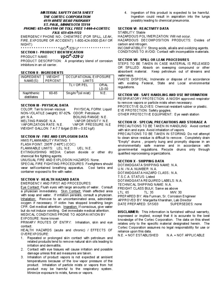 Material Safety Data Sheet The Cortec Vpci329 | PDF | Firefighting | Water