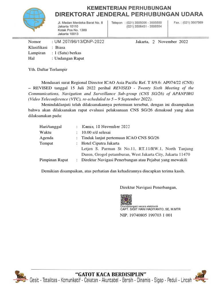 Undangan Rapat Tindak Lanjut Pertemuan ICAO CNS SG 26 | PDF