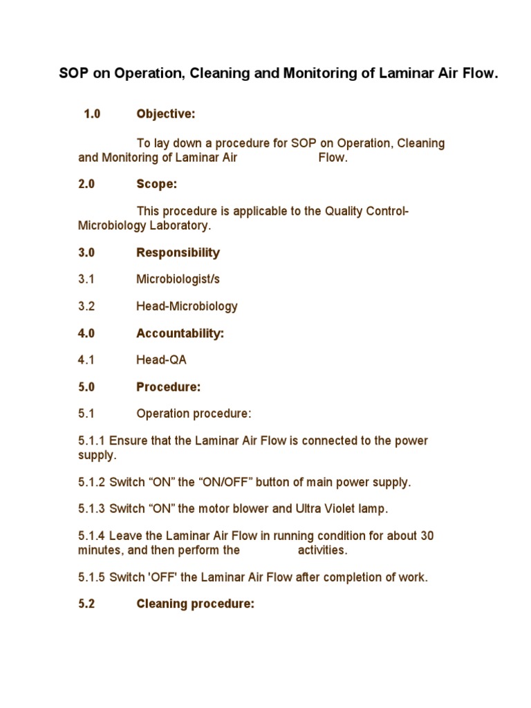 SOP On Operation, Cleaning and Monitoring of Laminar Air Flow. | PDF