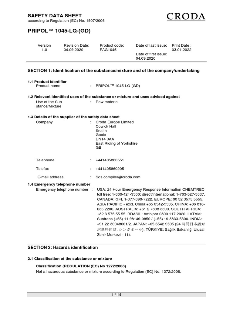 MSDS - Fag1045 - Pripol™ 1045-LQ - (GD) | PDF | Toxicity | Dangerous Goods