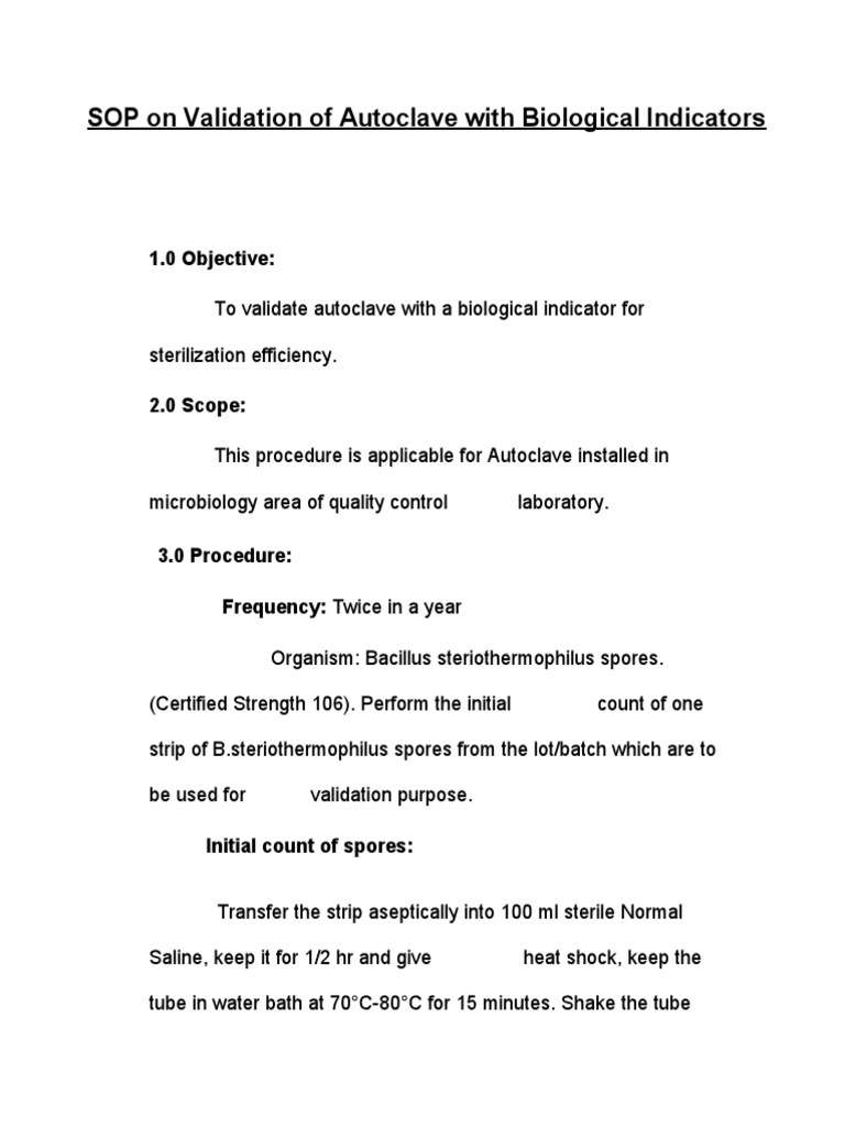 SOP On Validation of Autoclave With Biological Indicators | PDF