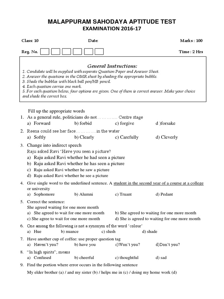 Malappuram Sahodaya Aptitude Test EXAMINATION 2016-17: General ...