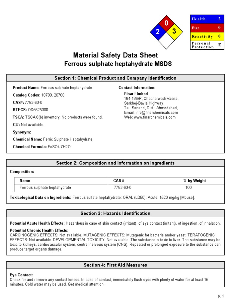 Msds Feso4.7h2o English | PDF | Toxicity | Personal Protective Equipment