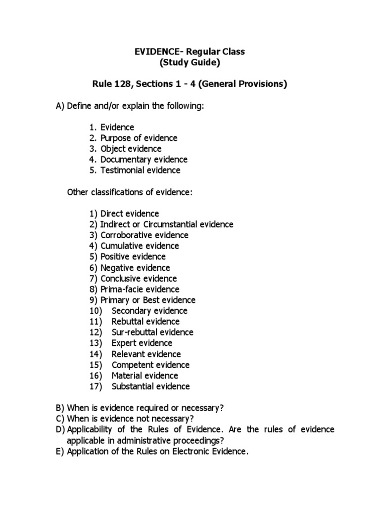 EVIDENCE Study Guide | PDF | Witness | Evidence (Law)