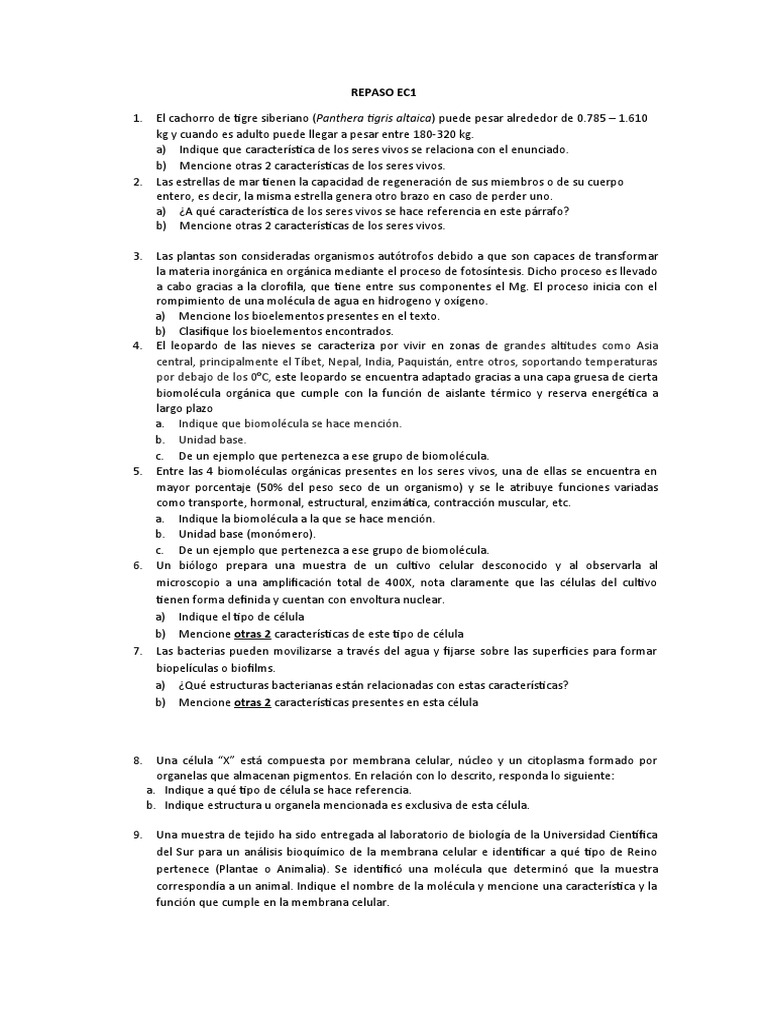 Repaso Ec1 | PDF | Biología Celular) | Membrana celular
